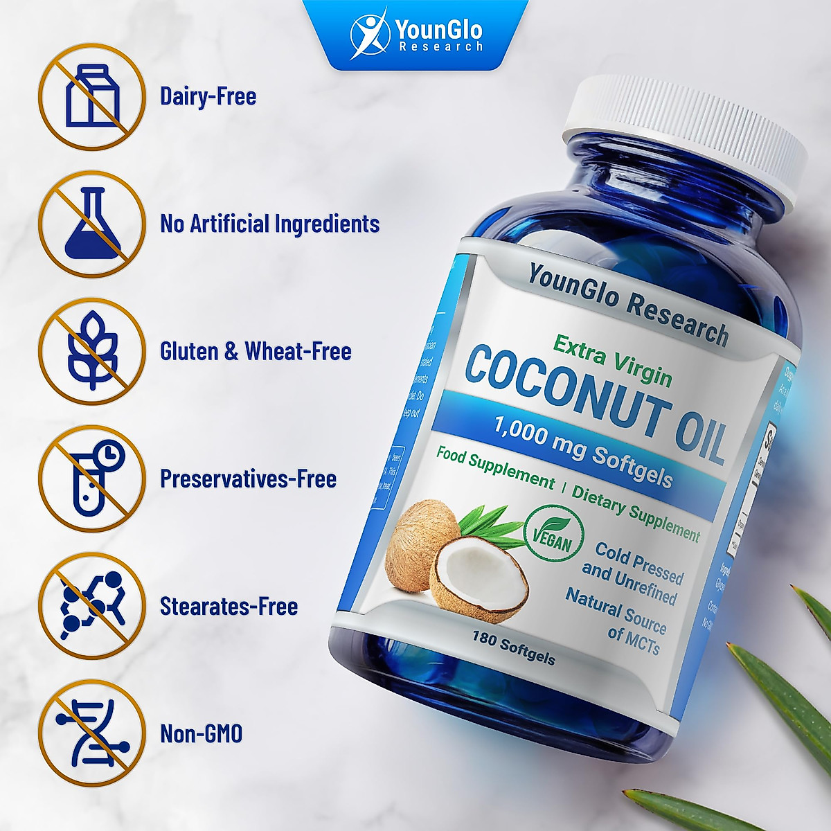 YounGlo Research Coconut Oil 1000 mg 100% Cold-Pressed Organic Extra Virgin Coconut Oil 180 Vegan Softgel Capsules Keto-Friendly Dietary Supplement Support for Hair, Nails & Skin Health