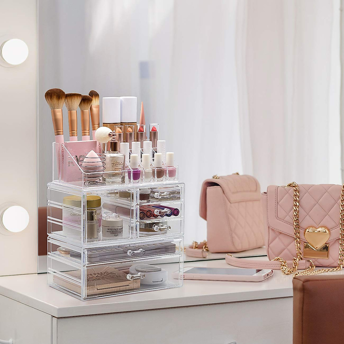 Sorbus Large Clear Makeup Organizer - Detachable 3-Piece Jewelry & Make Up Organizers and Storage Set - Spacious Cosmetic Display Tower - Makeup Organizer for Vanity, Bathroom, Dresser & Countertop