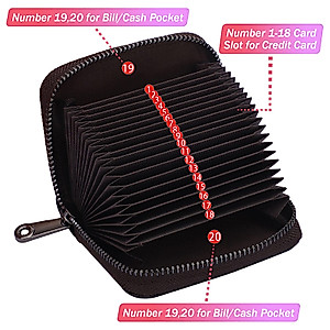 Linno RFID 20 Card Slots Credit Card Holder Genuine Leather Small Card Case for Women or Men Accordion Wallet with Zipper