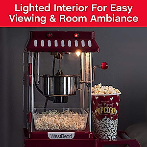 West Bend PCMC20RD13 Popcorn Cart Non-Stick Stainless Steel Kettle Makes 10 Cups Features Prep Shelf Storage and Wheels for Easy Mobility Includes Measuring Tool, 2.5-Ounce, Red