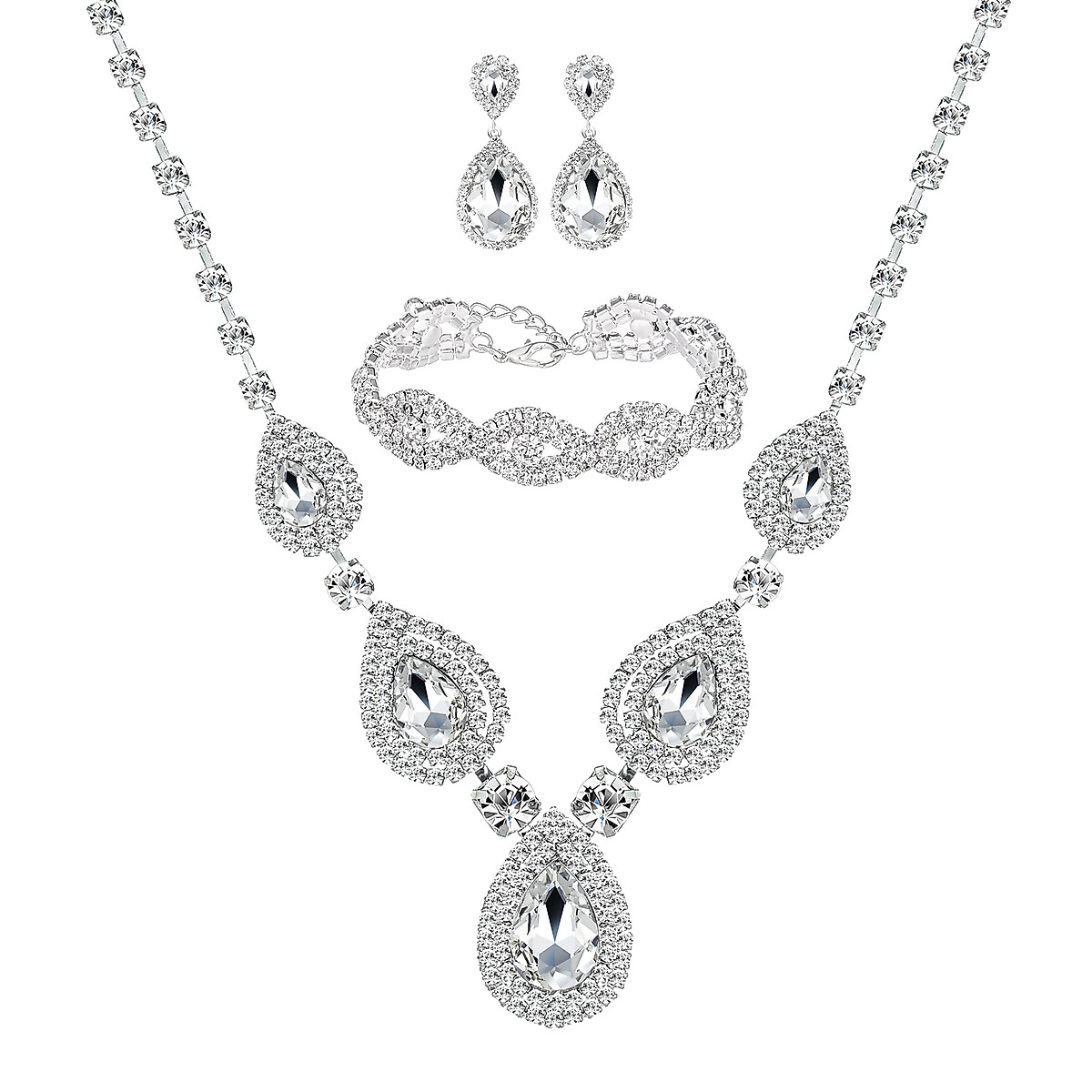 3 Pack Bridal Rhinestone Crystal Necklace Link Bracelet and Teardrop Dangle Earrings Jewelry Set Gifts fit with Wedding Dress Party
