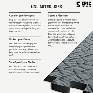Epic Fitness Foam Gym Floor Tiles - Interlocking Floor Mats for Home Gym - Non-Slip Noise-Dampening Eva Foam Squares (6 Pack)