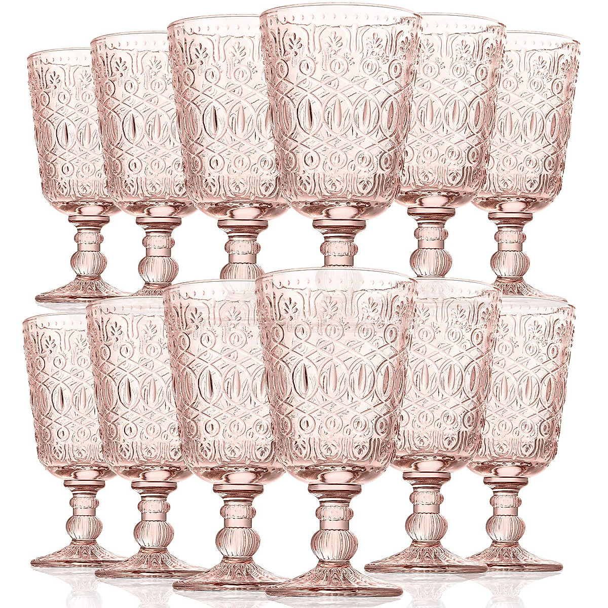 Rtteri 12 Pcs Vintage Glass Goblet Stemmed Wine Glasses Bulks 10 oz Wine Glasses Set High Clear Wine Glass Glassware for Juice Liquor Party Wedding Bars Restaurants Romantic Embossed (Flesh Pink)