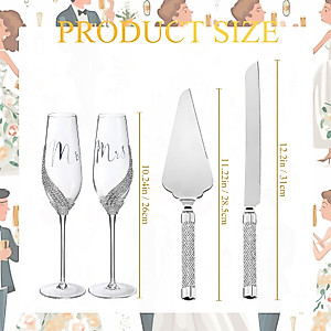 Sratte 4 Pcs Wedding Cake Knife and Champagne Flutes Server Set, Toasting Crystal Rhinestone Champagne Flutes Glasses Cake Knife Pie Server Wedding Gifts for Couple Bride Groom (Silver,Classic)