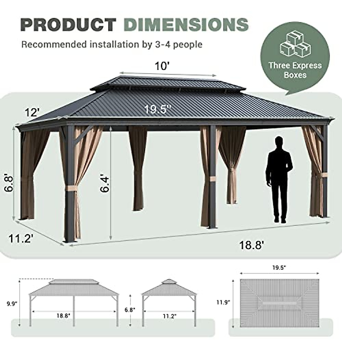Greesum 12'x20' Hardtop Metal Gazebo, Outdoor Galvanized Steel Double Roof Canopy, Aluminum Frame Permanent Pavilion with Netting and Curtains for Lawns, Patio, Backyard and Deck