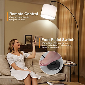 OUTON Arc Floor Lamp with Table and Marble Base, 81" Height LED Dimmable Floor Lamp with Remote & 4 Color Temperature, Tall Standing Lamp with Adjustable Hanging Drum Shade for Living Room, Bedroom