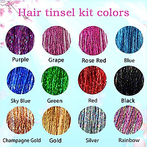 Fairy Hair Tinsel Kit with Tools 48 Inch Heat Resistant Safe 12 Colors Glitter Tinsel Hair Extensions 3200 strands (12 Colors, 3200 Strands)
