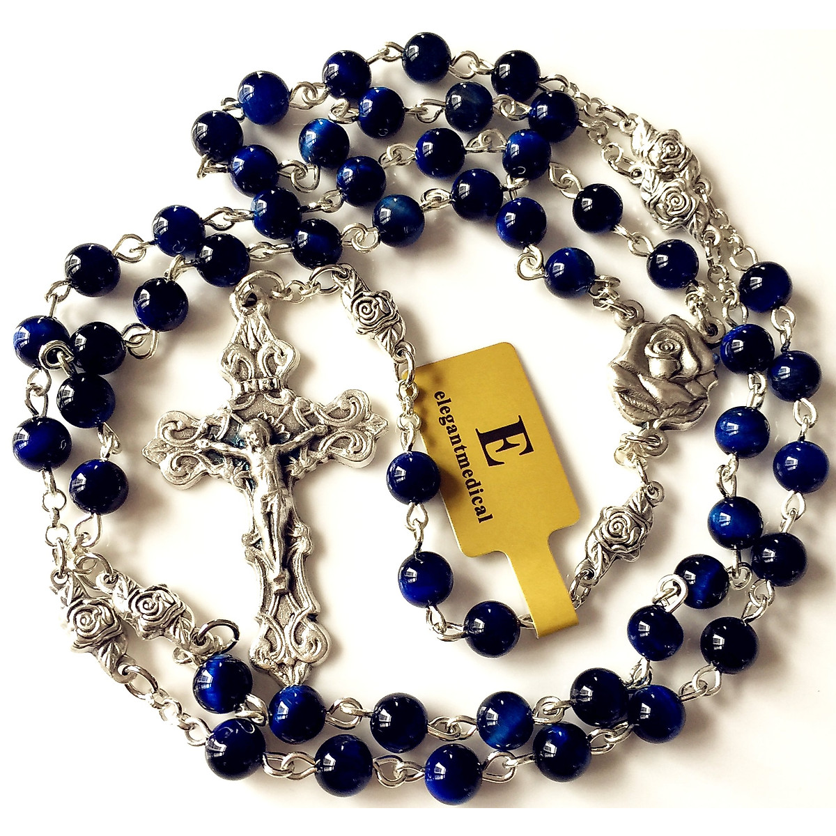 elegantmedical HANDMADE Blue Tiger Eye Beads & Silver Rose Beads ROSARY CROSS Crucifix Necklace box