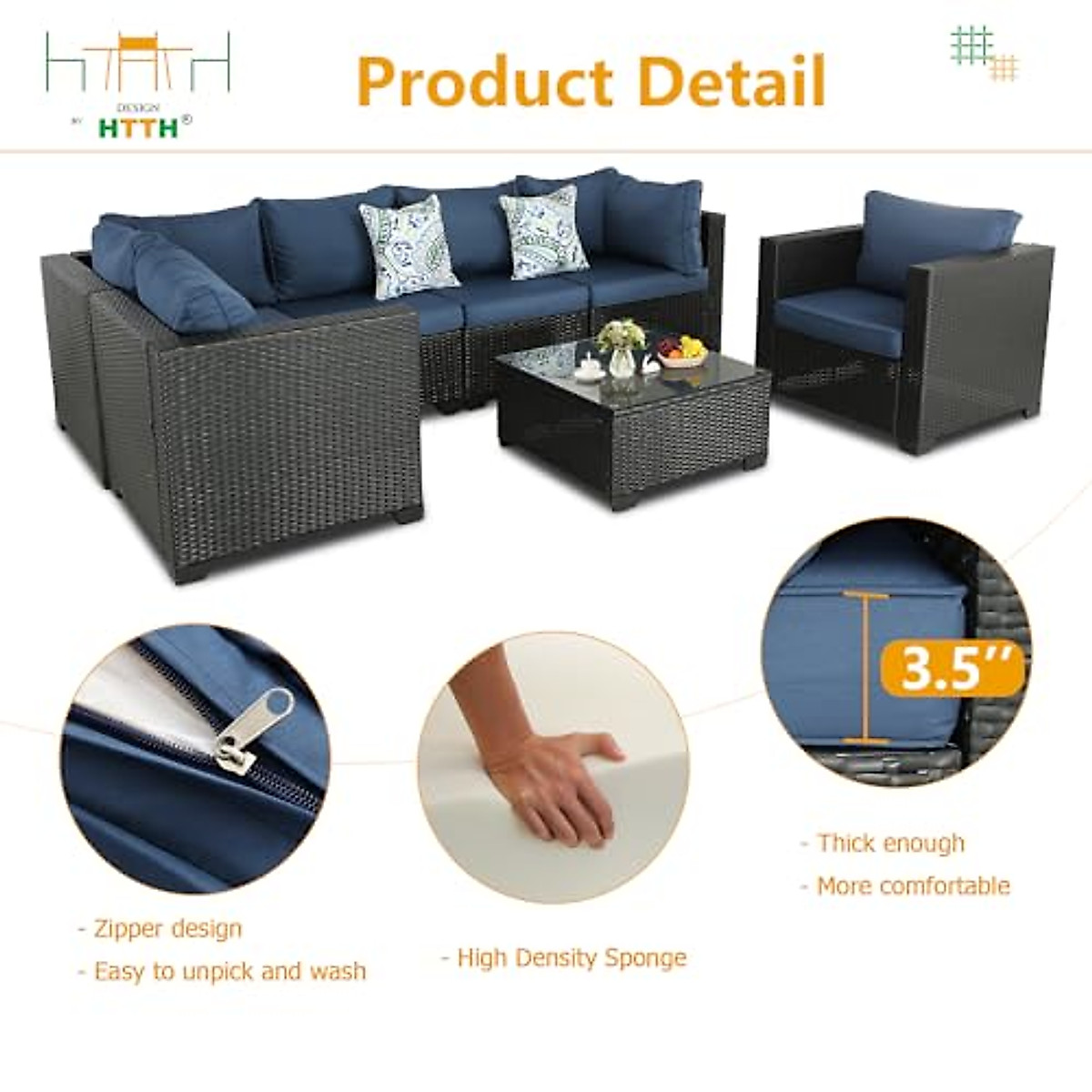 HTTH 7 Pieces Patio Furniture Sets Outdoor Rattan Wicker Conversation Sofa Garden Sectional Sets with Coffee Table for Porch Garden Poolside Backyard (Navy Blue)