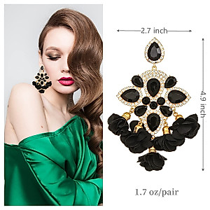 BOBOWINGS Black Earrings for Women, Big Crystal Rhinestones Flower Tassel Dangle Balck and Gold Statement Handmade Earrings Trendy