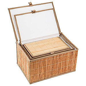 SOUJOY Set of 3 Bamboo Decorative Storage Basket with Lids, Rectangle Storage Bins, Handwoven Wicker Lidded Basket with Cloth Liner for Desk Bedroom Shelf Organizer