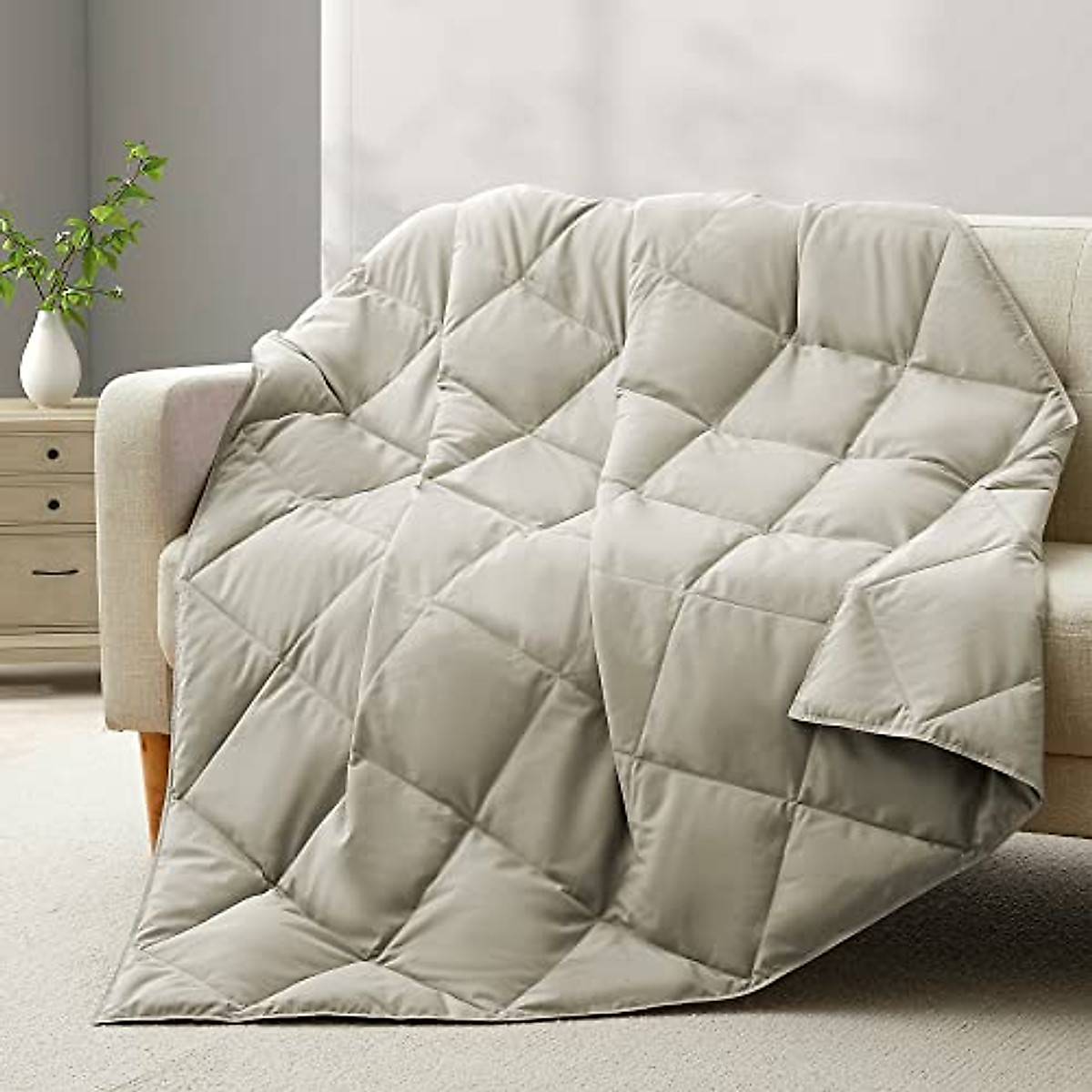 Natural Goose Down Throw Blanket for Couch,Bed Comforter,Sofa Blanket Throw,Outdoor Blanket,Lightweight Down Comforter with Peach Skin Fabric,Reversible Lap Down Blanket Gifts,50"X70",Beige Blanket