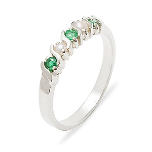 LetsBuyGold Solid 925 Sterling Silver Real Genuine Emerald & Cultured Pearl Womens Eternity Band Ring - 12 - Size 12