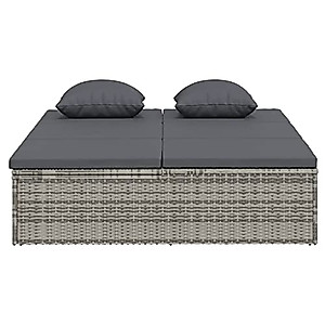 Makastle 2-Person Patio Lounge Chair, Outdoor PE Rattan Adjustable Double Daybed Chaise with Pillow & Cushions, Loveseat Sofa for Garden Lawn Backyard, 78.7"x47.6"x12.2" Poly Rattan Dark Gray