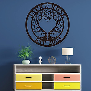 Personalized Tree of Life Metal Wall Art Metal Family Tree Decoration Tree Metal Wall Silhouette Custom Surname Letter Metal Wall Sign Indoor and Outdoor Metal Wall Hangings Wedding Gifts (Design 1)