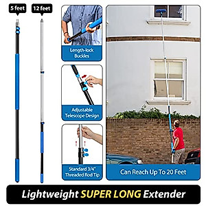 20 Feet High Reach Duster Kit with 5-12 Ft Extension Pole, Cobweb Duster with Telescoping Pole, Window Squeegee with Scrubber, Spider Web Brush, High Ceiling Fan Duster for High Window, Interior Roof