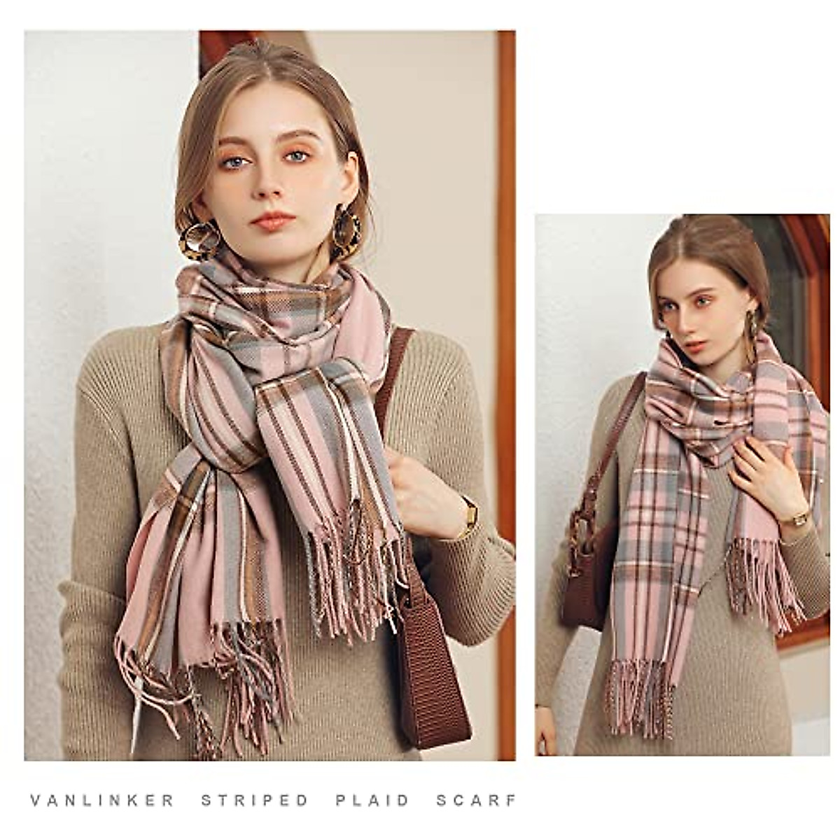 VANLINKER Winter Warm Scarfs for Women Cashmere Feel Large Scarf Fashion Poncho Long Shawls Grid Wraps Scarves Super Soft Light VL9310 Pink