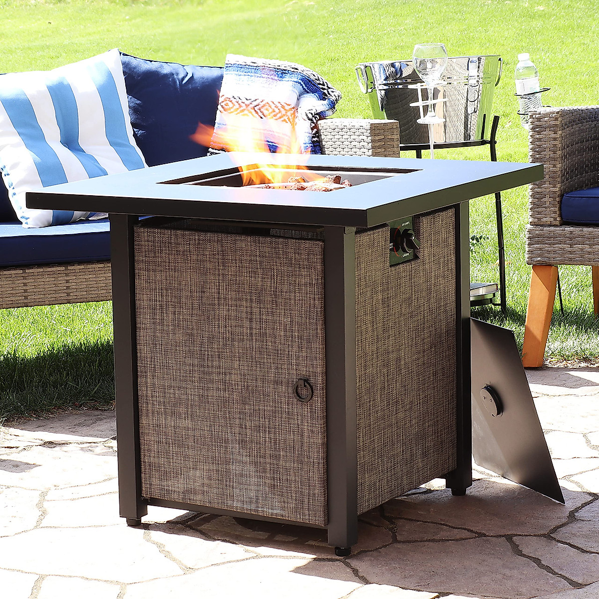 Sunnydaze Kleifar 25.25-Inch H Square Metal Propane Fire Pit with Rafa Fabric Sides - Includes Lava Rocks