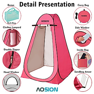 AOSION Privacy Shower Tent,Pop Up Changing Tent,Camp Bathroom Changing Dressing Room,Portable Toilet Tent with Carry Bag for Camping, Beach,Pink.