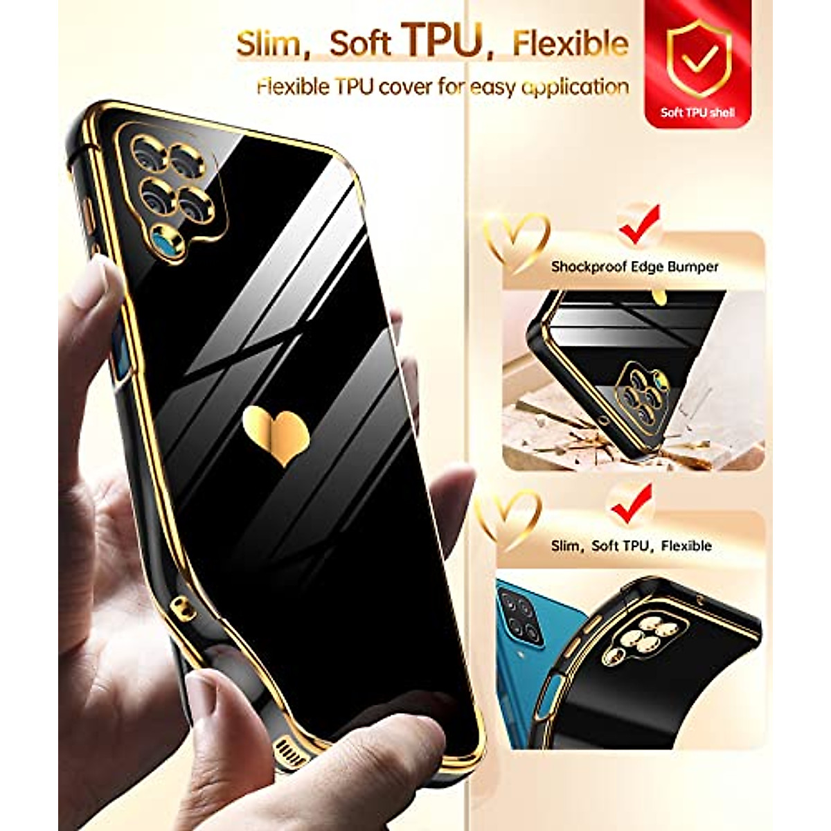 LeYi for Samsung Galaxy A12 Case with Tempered Glass Screen Protector [2 Pcs]+ Full Camera Lens Protection, Love Heart Plating Girly Women Cute Luxury Soft TPU Shockproof Case for Samsung A12, Black