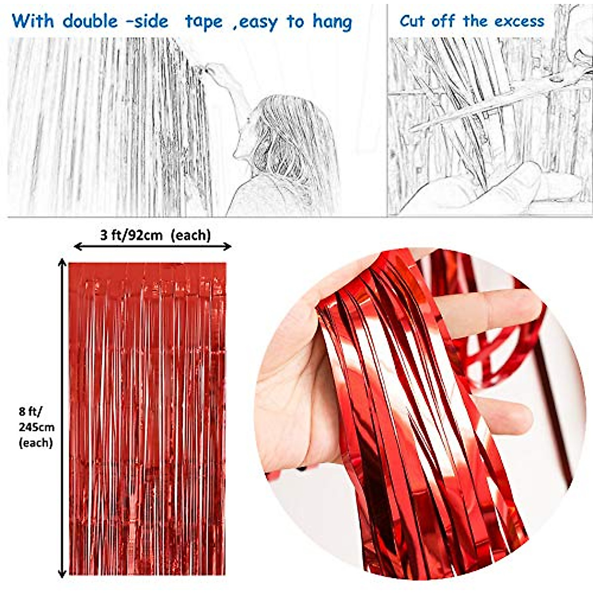 Moohome 2 Pack 3ft x 8ft Red Foil Curtains Metallic Tinsel Fringe Curtains Shimmer Door Window Curtain Backdrop for Birthday Wedding Bridal Shower Photo Booth Party Decorations