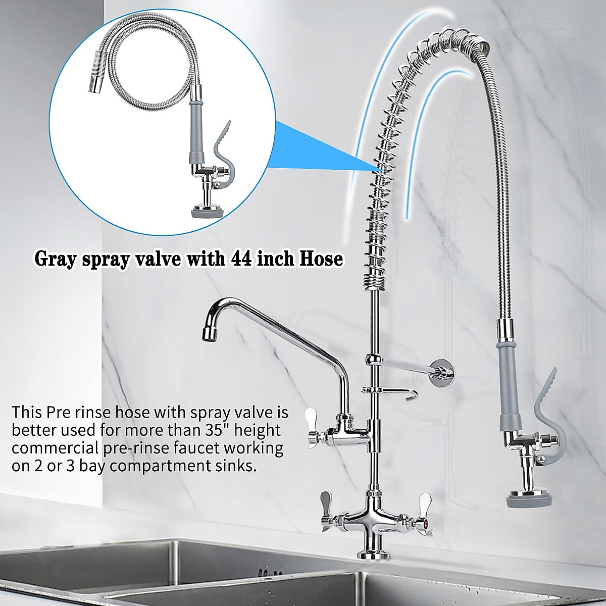 Pre Rinse Spray Valve with Stainless Hose 44inch Flexible Commercial Sink Faucet Replacement Kit 1.42GPM High Pressure Restaurant Dish Sprayer for Wall/Deck Mount Industrial Kitchen Faucets