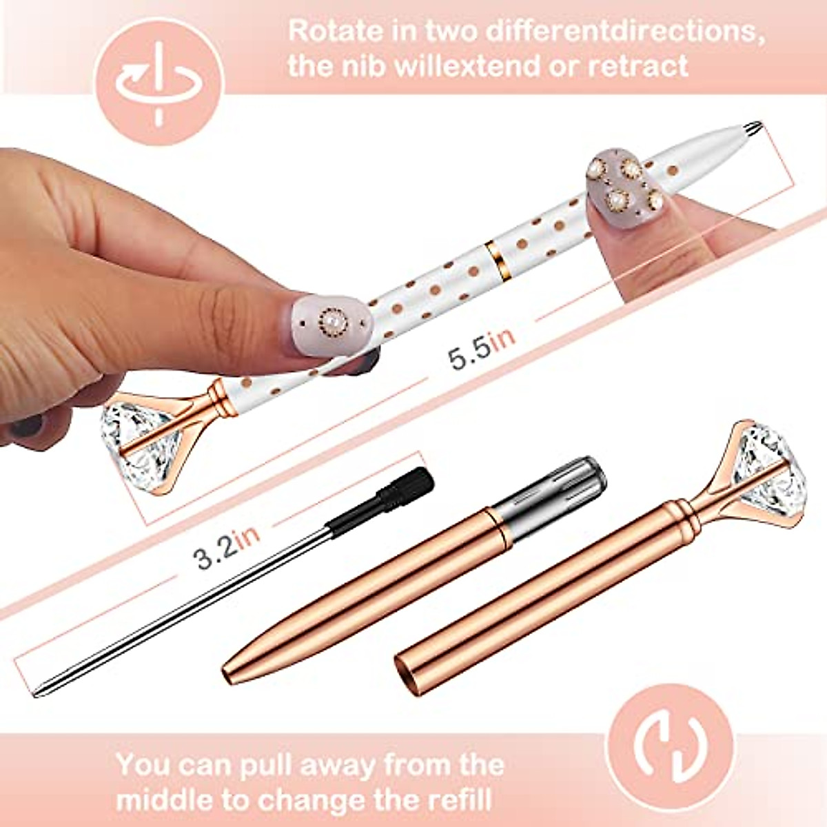 PASISIBICK 4 PCS Diamond Pens Bling Crystal Metal Ballpoint Pen Office Supplies, Rose Gold/Silver/White With Rose Polka Dots/Rose Gold With White Polka Dots, Includes 4 Pen Refills