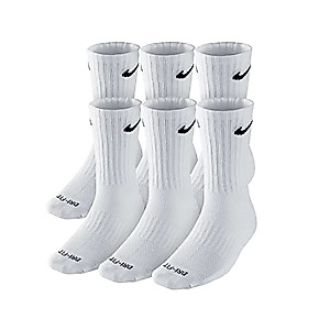 NIKE Dri-FIT Cushion Crew Training Socks (6 Pair) White With Traditional Black Swoosh Logo ADULT LARGE 8-12 UNISEX