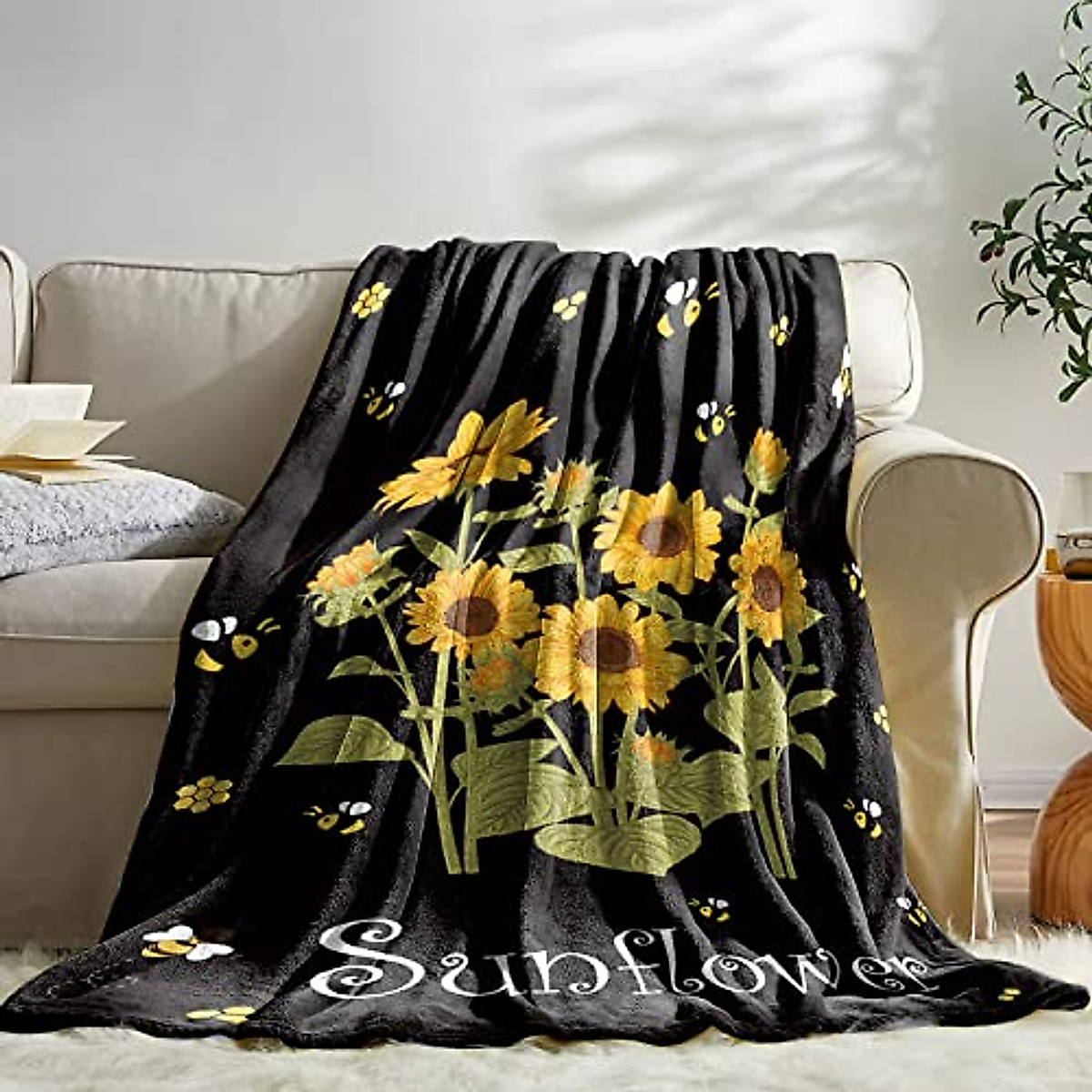 Sowide Sunflower Blanket Gifts for Women, Sunflower Bee Spring Throw Blanket, Flower Warm Soft Lightweight Blanket, Black Yellow Flannel Cozy Plush for Adult Teens, Home, Living Room, Office, 50"x60"