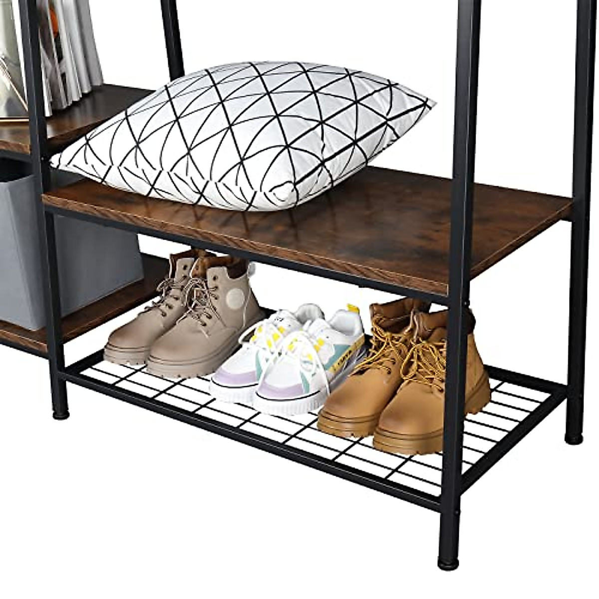 Kcelarec Clothing Rack with Hooks, Clothes Rack with Storage Shelves, Freestanding Clothing Rack, Garment Rack, Standing Metal Sturdy Clothing Rack, Small Space Storage Solution (Style 1)