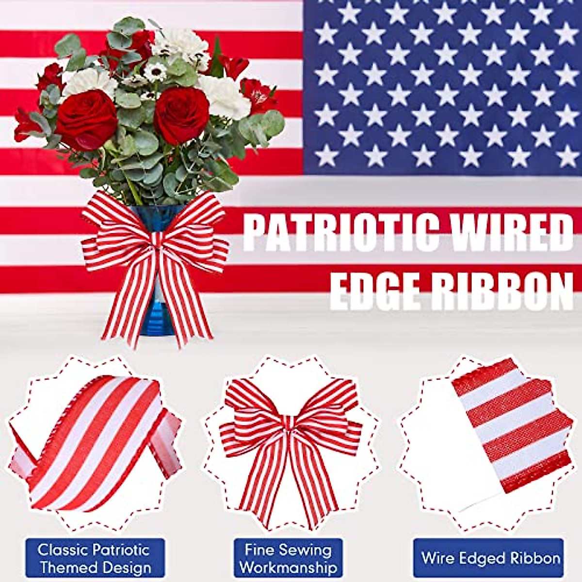 2 Rolls 20 Yard Red White and Blue Ribbon Patriotic Star and Striped Wired Ribbon Royal Blue USA Ribbon DIY Crafts for 4th of July, Independence Day, Memorial Day (Red, White, Blue, 1.5 Inch)