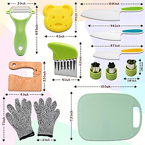 14-Piece Montessori Kitchen Tools Kids Knife Set with Gloves, Cutting Board, Fruit & Vegetable Crinkle Cutters, Safe Serrated Edges, and Plastic Toddler Knives for Real Cooking Experience - Monkey