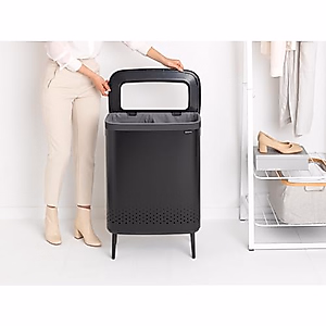 Brabantia Bo Laundry Hamper Hi (Matt Black) 2 Compartment Removable Laundry Bag 2 x 12 Gal, Ventilated Stylish Dirty Clothes Holder, Flat Back, Off-the Ground, Anti-Rust Materials for Bathroom Use