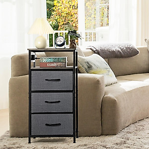 NANANARDOSO End Table with 3 Drawers and 2-Tier Shelf, Fabric Small Dresser Organizer Vertical Storage with Charging Station, Industrial Nightstand Side Table for Bedroom, Sofa, Grey