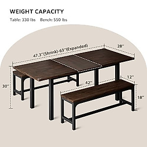 iPormis 3 Pcs 63" Dining Table for 4-6, Extendable Dining Room Table with 2 Benches, Mid Century-Modern Kitchen Table Set for Small Space, Easy Clean, Espresso