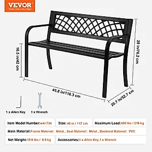 VEVOR Outdoor Bench, 480 lbs Load Capacity Bench, 46 inches Metal Garden Bench for Outdoors, Outdoor Garden Park Bench with Backrest and Armrests, Patio Bench for Garden, Park, Yard, Front Porch