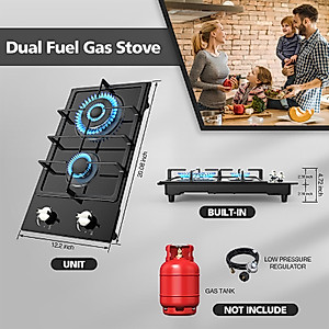 Gas Stove 2 Burner Propane Cooktop 12 inch, Nafewin Tempered Glass Gas Cooktop Gas Stove Burner with Thermocouple Protection, Lpg/Ng Dual Fuel Built-in Gas Stove Top for Apartments, Outdoor, Rvs