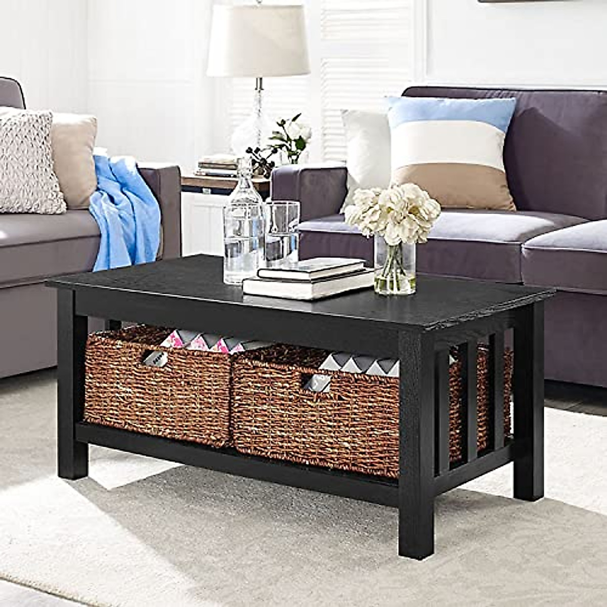 Walker Edison Coastal Black Living Room Coffee Table with Lower Shelf and Faux Rattan Wicker Baskets, 40 Inch