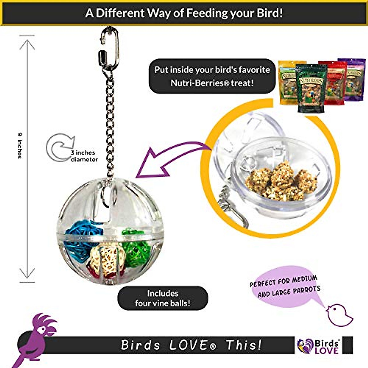 Birds LOVE 3" Hanging Clear Foraging Plastic Perforated Ball Unscrews, Put Bird Treats Inside, Comes w Vine Balls Inside, Bird Cage Medium to Large Bird Toy