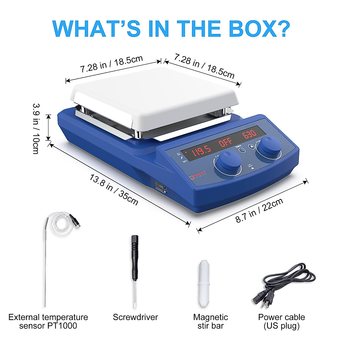 Magnetic Stirrer with Hotplate, 7 Inch Ceramic Hotplate, Speed and Temperature Adjusting, with Timer and Display, max 20L Stirring Capacity, 50 to 1500rpm, up to 510°C(950°F)