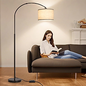 Dimmable Floor Lamp, Arc Floor Lamp with Dimmer, Black Standing Lamp with Adjustable Hanging Shade, Over Couch Tall Reading Light, Modern Pole Lamp for Living Room Bedroom, 8W LED Bulb Included