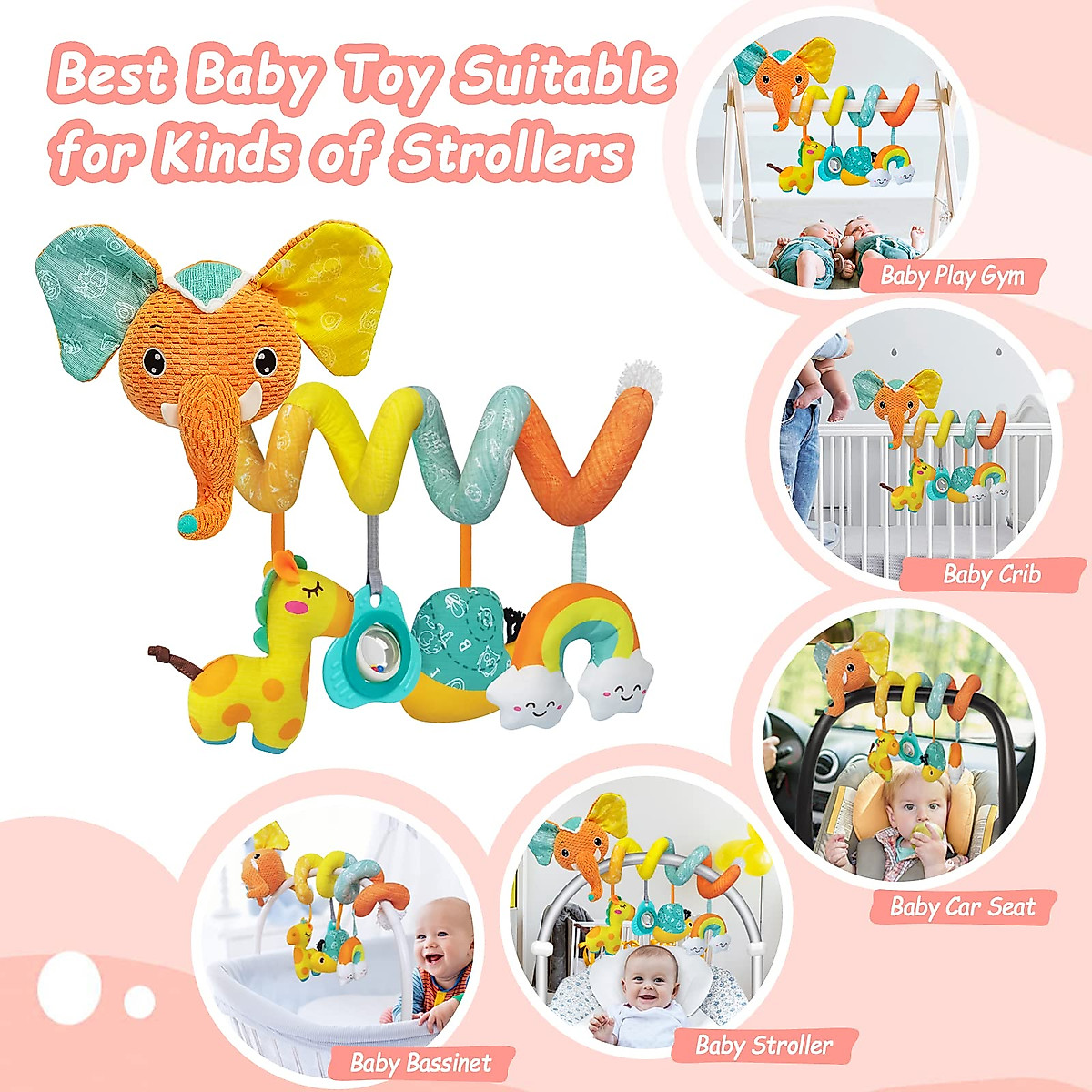 FATI Car Seat Toys Baby Toys 0-6 Months, Newborn Toys Infant Toys 0-3 Months, Stroller Toys for Baby Crib Carseat, Sensory Toys with Squeaker Teether Rattles for 0 3 6 9 12 Months Babies Ideal Gifts
