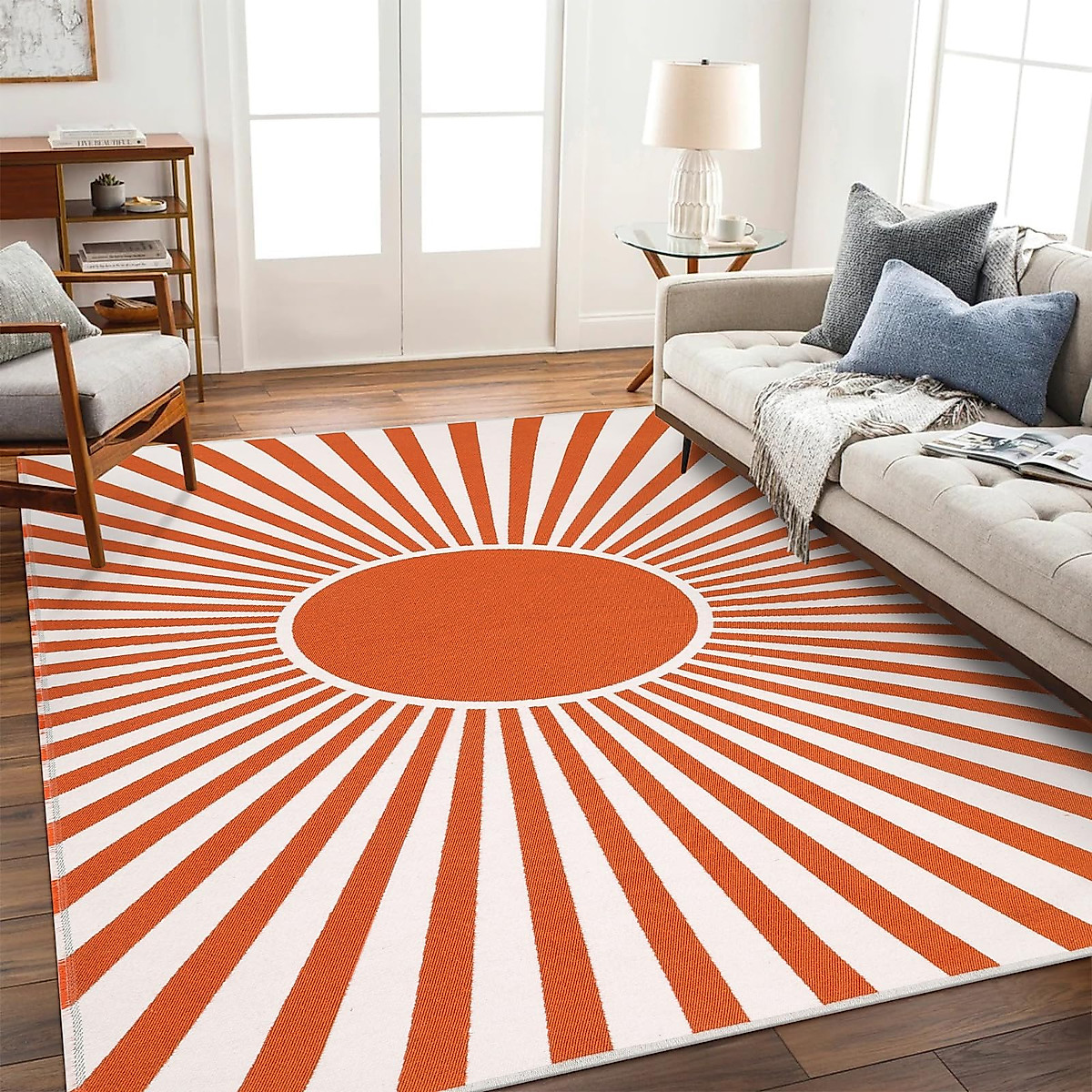 LEEVAN Boho Rug for Living Room, Machine Washable Rugs, Farmhouse 4x6 Rug Cotton Woven Bedroom Rug, Entryway Rugs Indoor, Orange&White