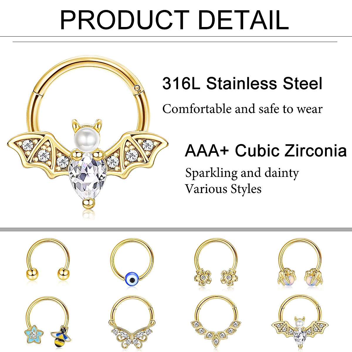 JOERICA 16G Septum Jewelry for Women Stainless Steel Horseshoe Septum Rings Cute Bee Flower Butterfly Claw Evil Eye Bead Rings Cartilage Earrings Hoop Helix Rook Daith Septum Piercing Jewelry 8/10MM