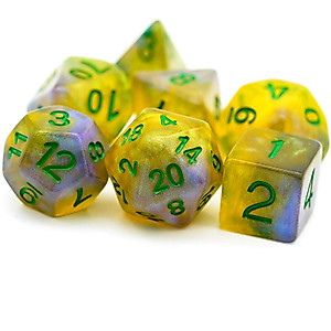 Cusdie 7-Die Resin DND Dice, Polyhedral Dice Set, for Role Playing Game Dungeons and Dragons D&D Dice MTG Pathfinder (Yellow/Blue Green Numbers)