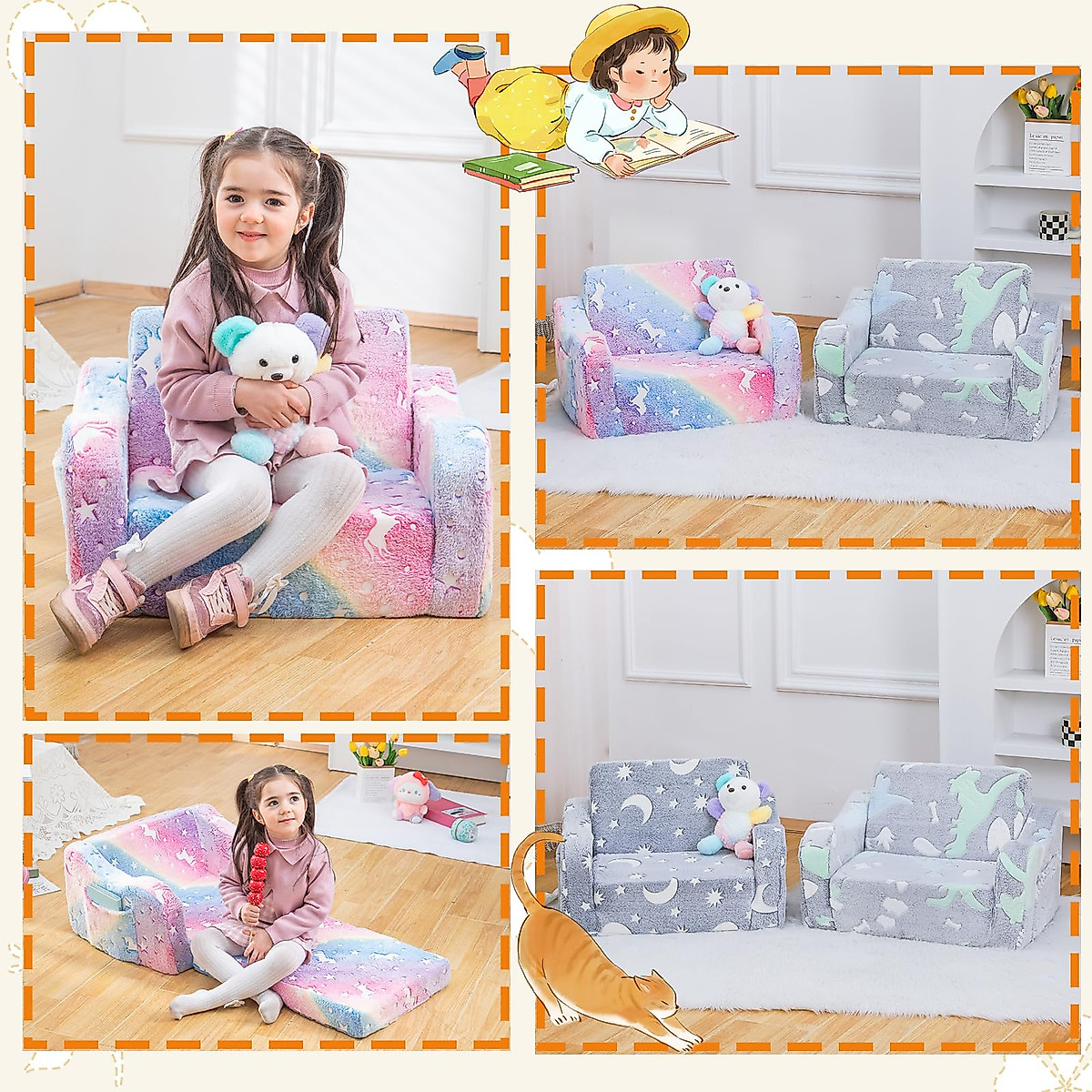 Toddler Baby Chair Couch Sofa for Kids Foldable 2-in-1 Fold Out Couch Bed Toddler Chairs Comfy for Boys & Girls Convertible Kids Furniture lounge chairs for Playroom with Double Pockets, Glowing Pink