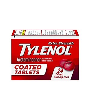 Tylenol Extra Strength Coated Tablets, Acetaminophen Adult Pain Relief & Fever Reducer, 24 ct (Pack of 6)