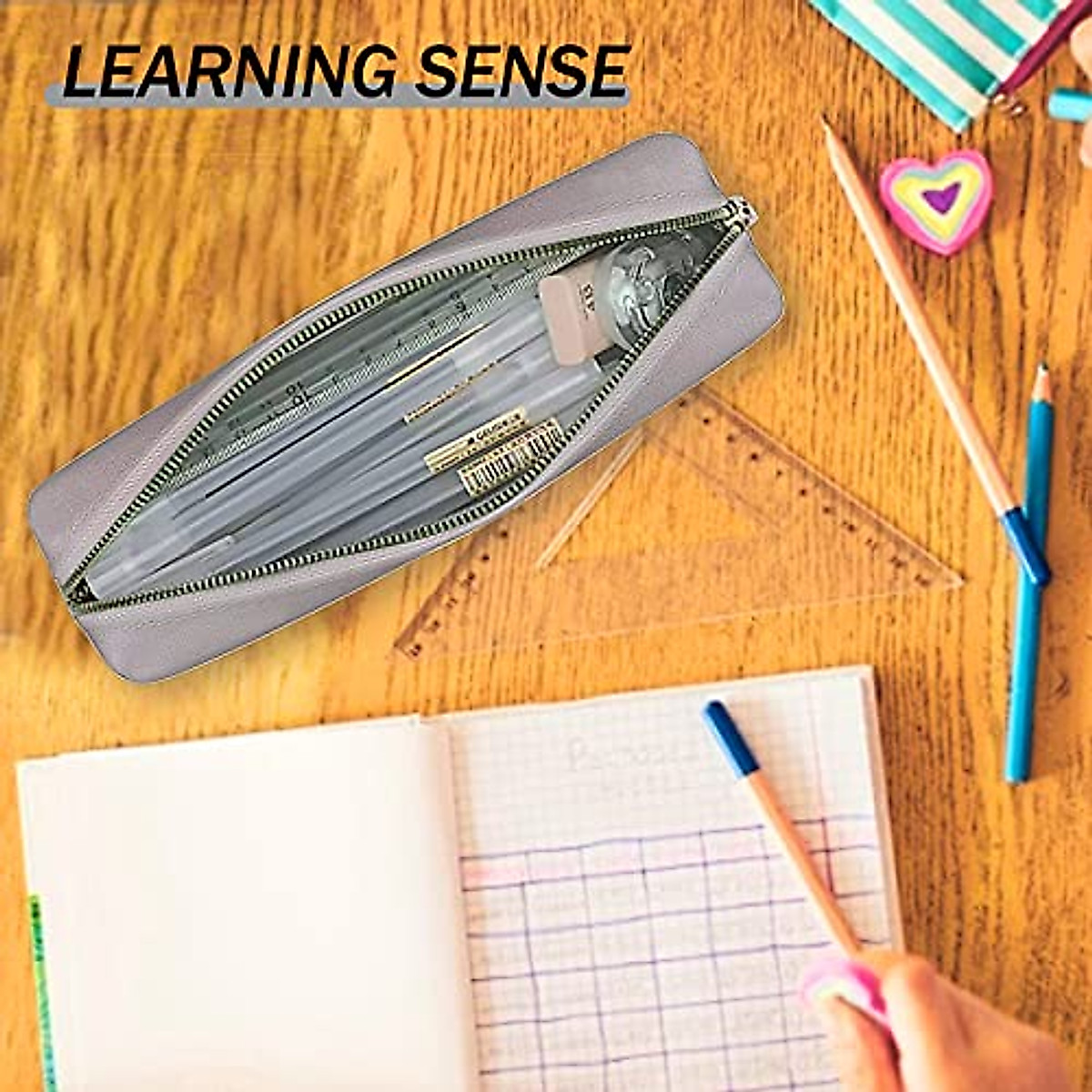 Burasari Multifunctional Leather Pencil Pen Marker Lipsticks Pencil Case Pouch Bag Holder, Stylish Zippered Pencil Bag,for Students Artists Work&Office, School（Holds Up to About 12 Pencils）