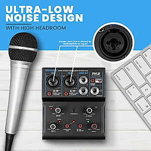 Pyle Professional Wireless DJ Audio Mixer - 2-Channel Bluetooth DJ Controller Sound Mixer w/USB Audio Interface, Combo Jack Microphone/Guitar XLR+6.35mm, 3.5mm Stereo In, Headphone Jack - PAD22MXUBT