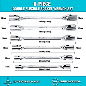DURATECH Double Flexible Socket Wrench Set, Metric, 6-Piece, 8-19mm, 12 Point, with Rolling Pouch